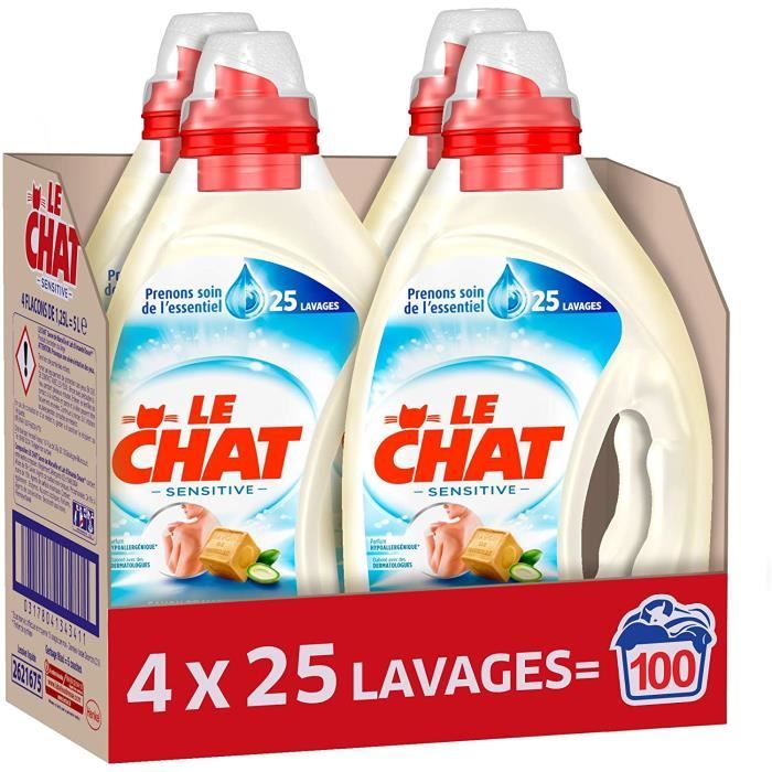 Le Chat Sensitive – 100 Lavages (4 x 1.25L) – Lessive Liquide ...