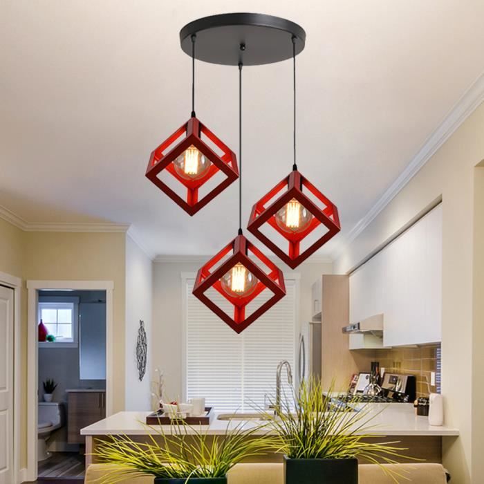 U-Do Lustre Suspension Luminaire en Métal Cage Cube Carré Rouge pour ...