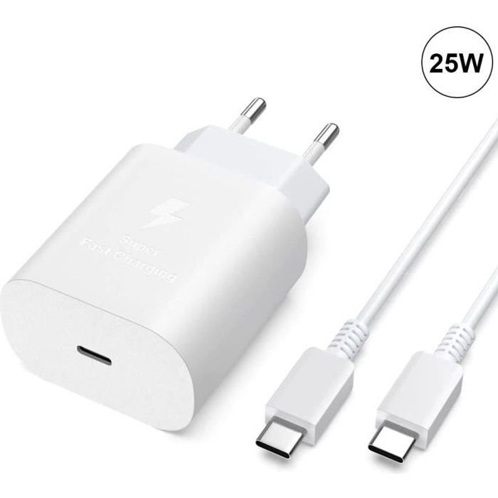 Chargeur USB-C 25W + Câble USB-C vers USB-C 1M Blanc pour Samsung ...