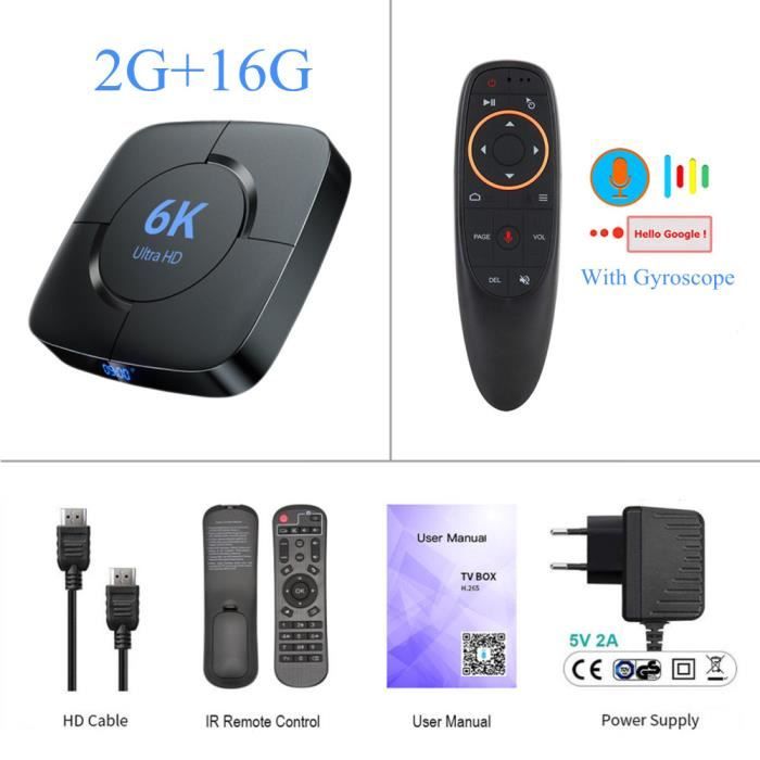 Ue Plug - 2G 16G G10S - boîtier Smart TV Android 10.0, Assistant vocal 6K, lecteur multimédia 3D ...