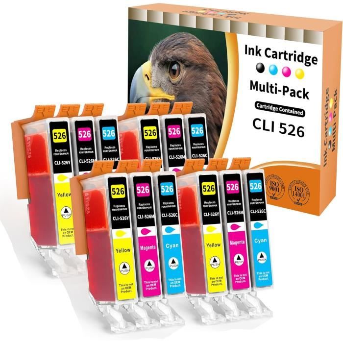 Lot de 12 cartouches d'encre 526XL compatibles Canon CLI-526 526C 526M ...