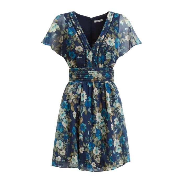 Robe courte à fleurs col v et manches courtes DAHLIA Bleu Bleu ...