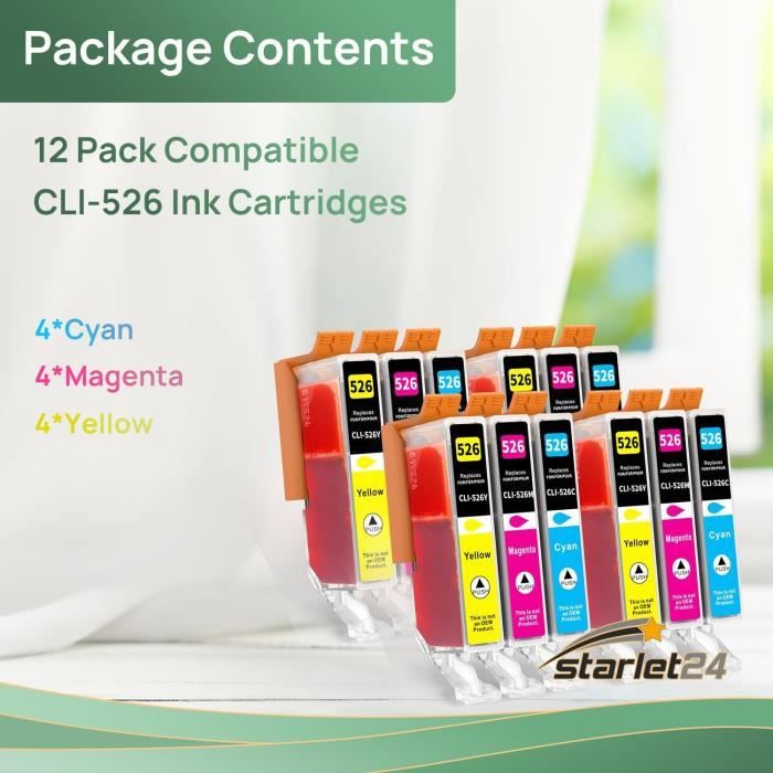 Lot de 12 cartouches d'encre 526XL compatibles Canon CLI-526 526C 526M ...