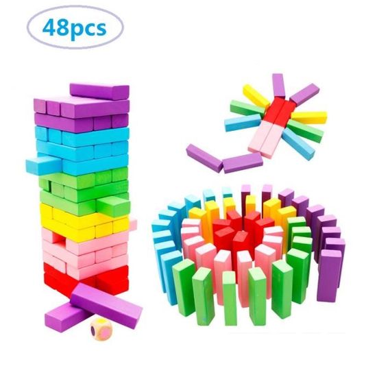 48pcs Jouet Tour de Blocs Empilables en Bois Jeu de Société Classique Jeux de Construction Jeu à ...