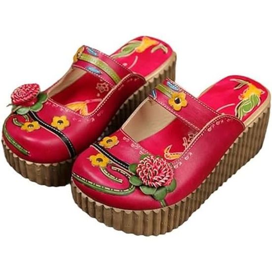 Mules Femme Fleurie Compensée - Marque - Style Chinois - Plateforme ...