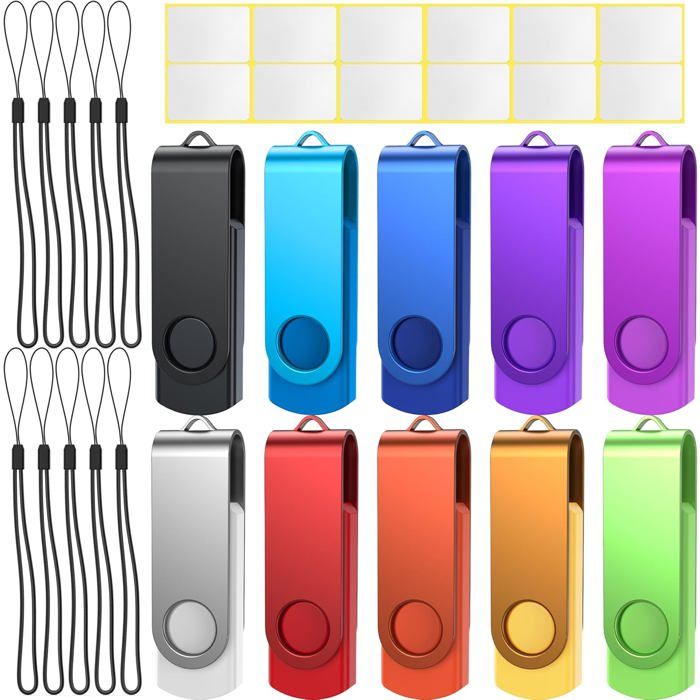 Clé USB 8Go, lot de 10, USB 2.0, rotative, clé métallique avec cordes ...