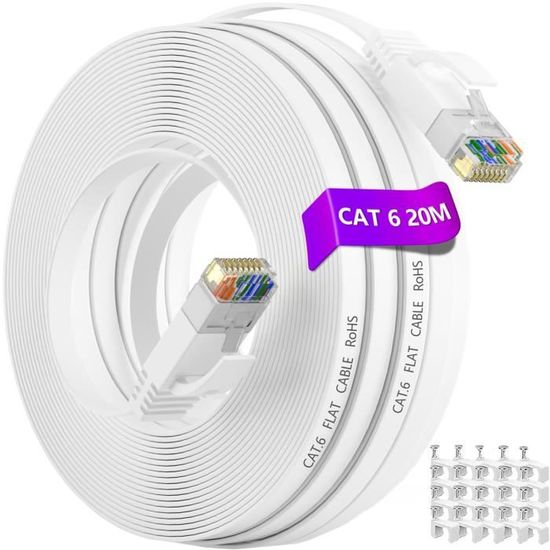 Câble Ethernet 20m Cat 6, Cable RJ45 20m Plat Blanc Câble Réseau ...
