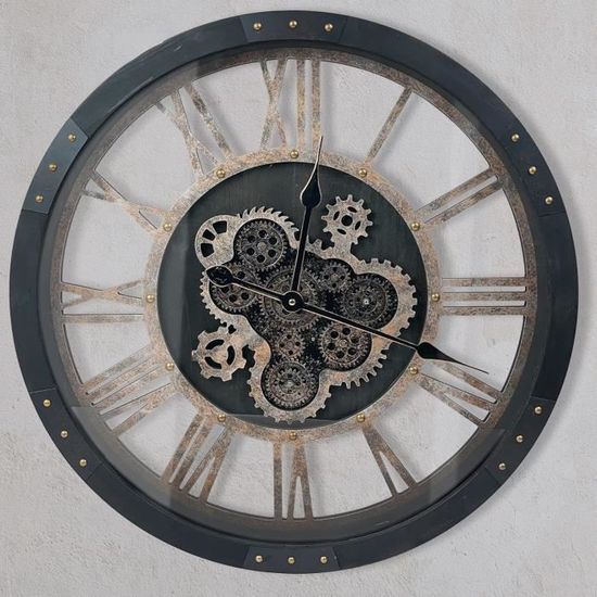 Horloge Murale Engrenages Mobiles Geante 68Cm Industrielle Bois Massif ...