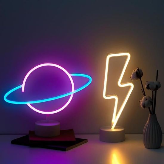 Pack De 2 Eclair Et Planète - Néons Led, Lampe De Bureau Néon Pour ...