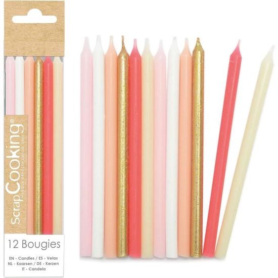 Scrapcooking - 12 Bougies Longues Roses & Or - Bougies Dorées, Roses ...