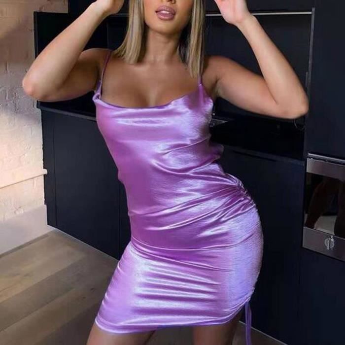 Robe à bretelles sans manches en satin de couleur unie pour femmes CQF201215009PPL Violet ...