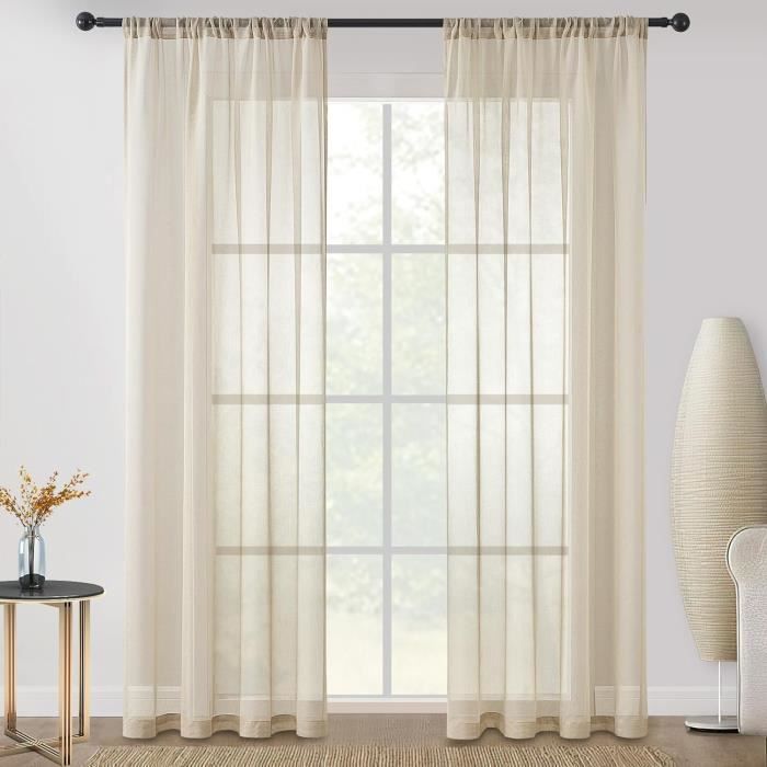 2 Pièces Rideau Voilage Beige Semi-Transparent Rideaux 140×215Cm ...