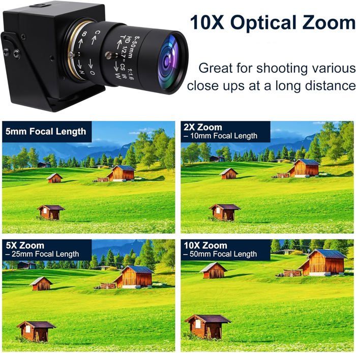 Webcam USB 4K Zoom manuel 5-50 mm CS Mount Objectif variable PC Camera ...