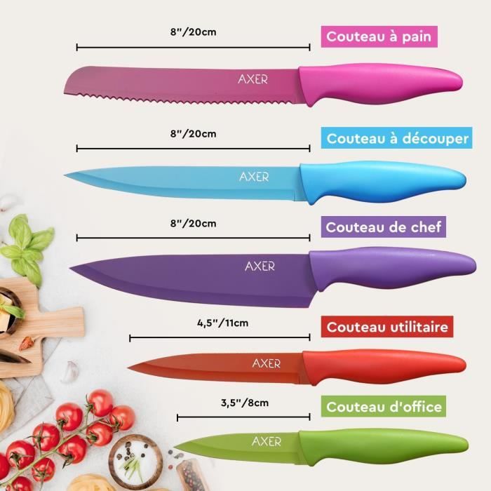 Set de couteaux de cuisine colorés - Professionnel - Inox - 5 pièces ...