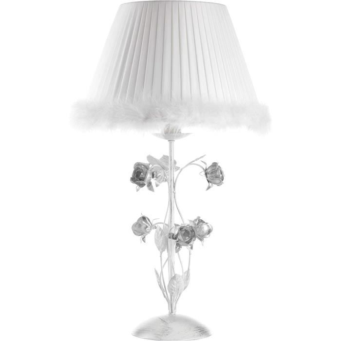 Lampe De Table Métal Argent Et Abat-Jour Blanc Plissé Avec Plumes[J5450 ...