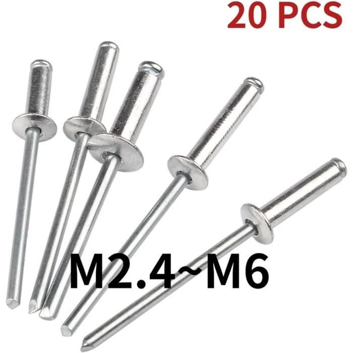 20 Pièces M2.4 M3.2 M4 M5 M6 Aluminium Mushroon Tête Rupture Mandrin Rivets Aveugles Clou Pop ...