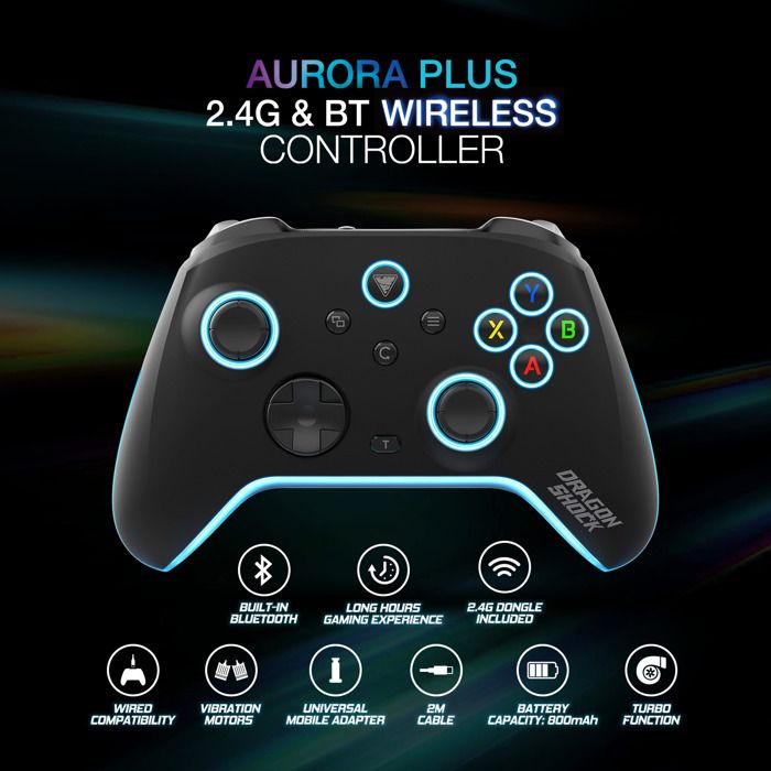 DragonShock - Manette RGB sans fil noire AURORA PLUS avec support ...