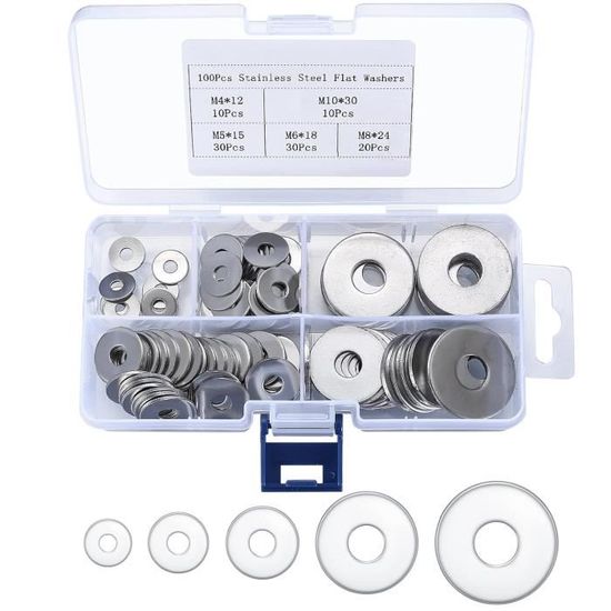 Lot de 100 rondelles plates rondes M4-M5-M6-M8-M10 en acier inoxydable ...