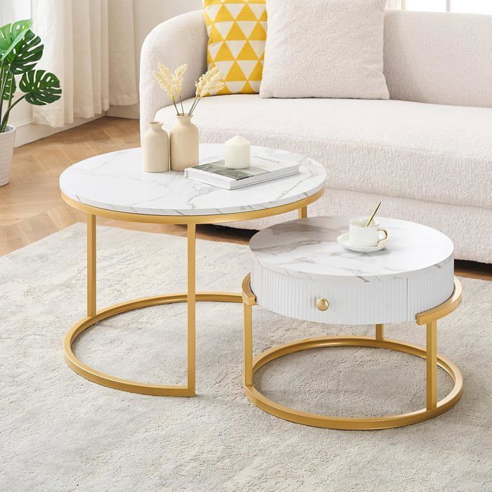 Ginhow Set of 2 Round Coffee Tables with awer, White Marble Look, MDF ...