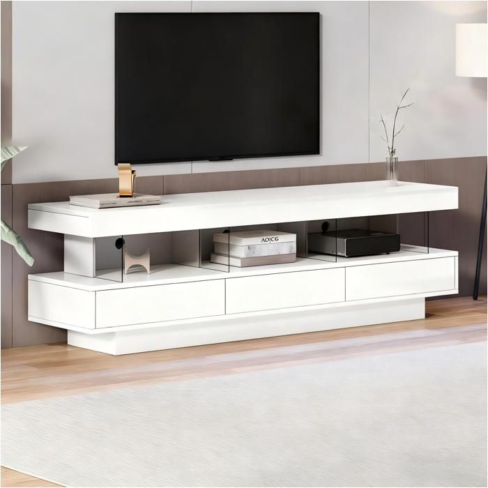 Meuble TV brillant 160×38×50,5 cm, meuble bas avec 3 tiroirs, éclairage ...