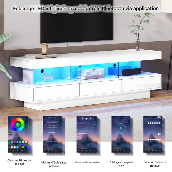 Meuble TV brillant 160×38×50,5 cm, meuble bas avec 3 tiroirs, éclairage ...