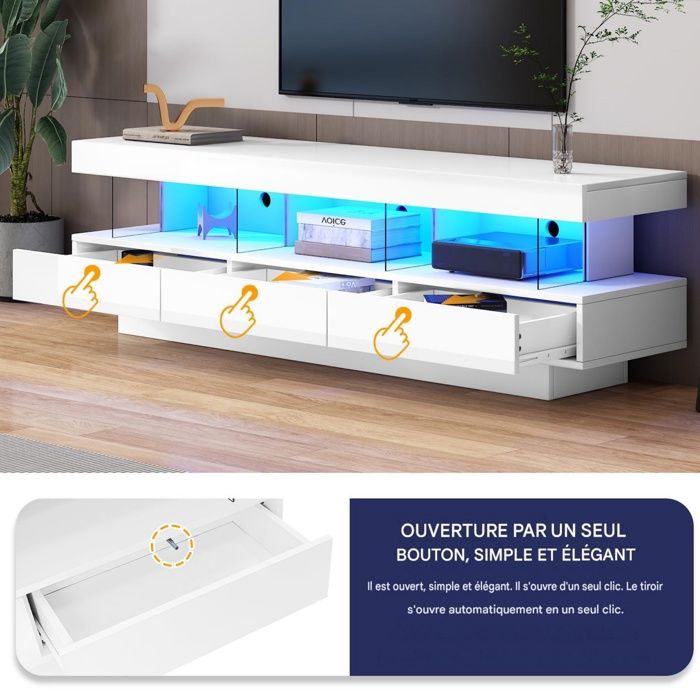 Meuble TV brillant 160×38×50,5 cm, meuble bas avec 3 tiroirs, éclairage ...