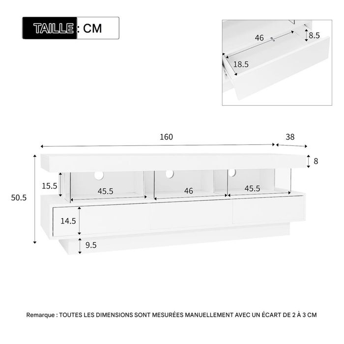 Meuble TV brillant 160×38×50,5 cm, meuble bas avec 3 tiroirs, éclairage ...