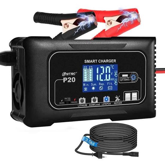 Chargeur de Batterie Voiture 20A 12V/24V, Chargeur Batterie Moto avec Écran LCD et Boutons ...