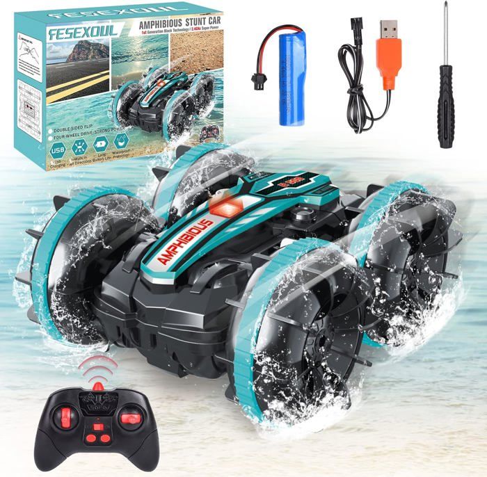 Vert Voiture Télécommandée Amphibie, 4WD 360°Rotation 2.4GHz RC Voiture Tout Terrain Etanche ...