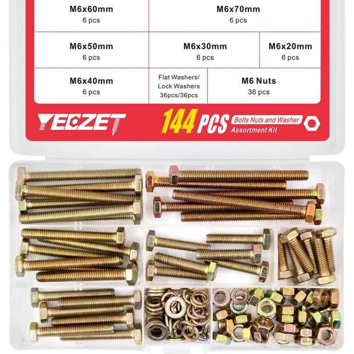 M6 Kit de Boulons et écrous 144pcs Hexagonale Alliage Acier Galvanisé ...