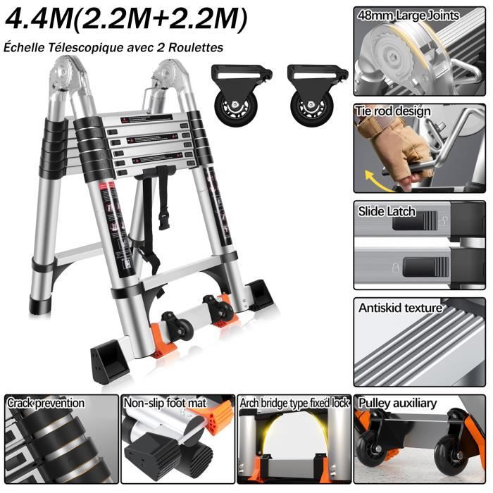 OUII 4.4M(2.2M+2.2M) Échelle Télescopique Pliante, 2 en 1 Escabeau Pliant Ladder, Échelle en ...