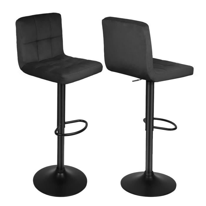 Tabouret de bar - HOMEWELL - Lot de 2 - Noir pur - Réglable en hauteur - Velours confortable ...