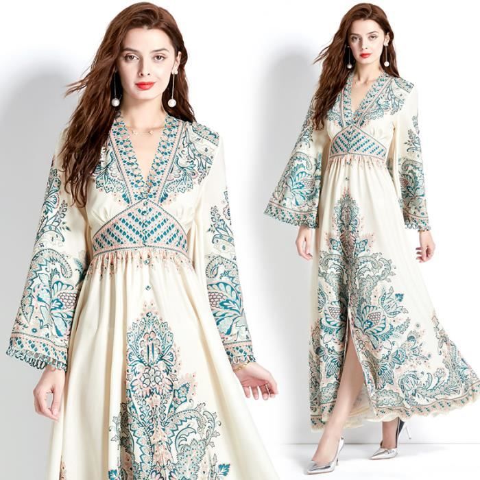 Robe maxi vintage à imprimé floral pour femmes - KL6697Green -F Blanc ...