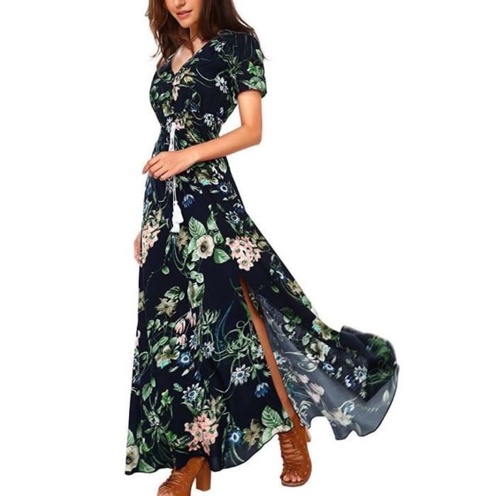 Robes Décontractées Pour Femmes Robe Longue Bohème Rétro Motif Ethnique Style De Vacances Col En ...