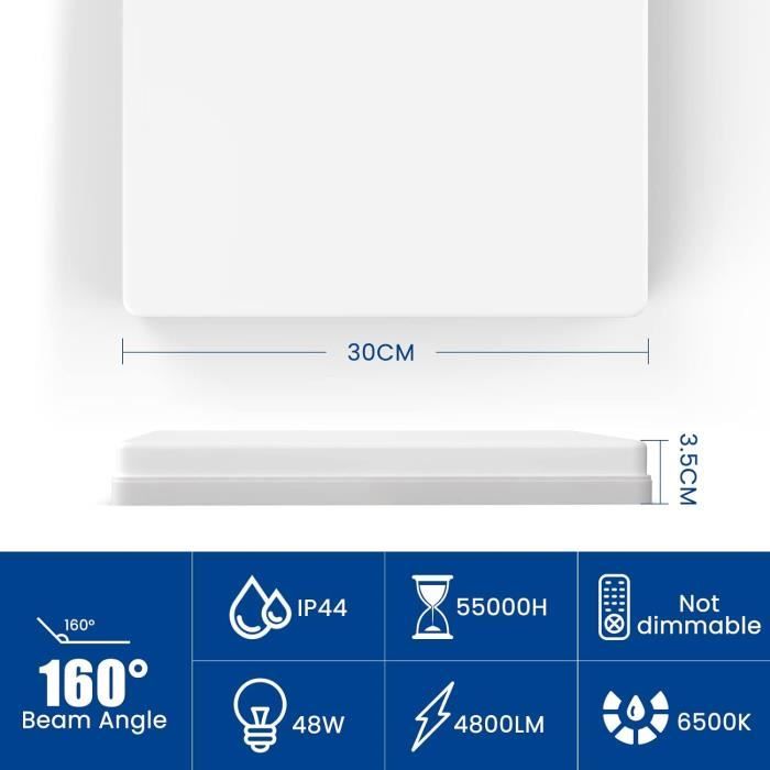 Plafonnier Led Carré 48W, 6500K Lampe de Plafond Panel, Lumiere Moderne ...