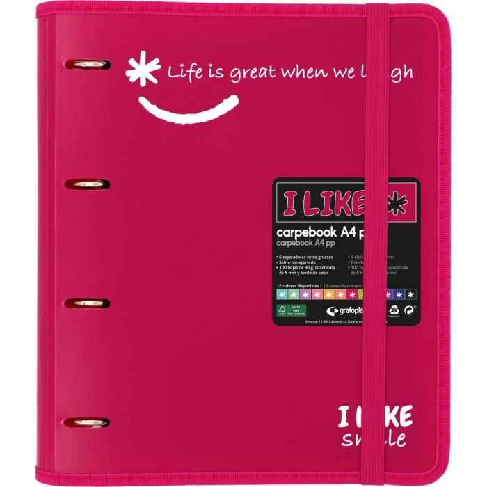 Classeur à 4 anneaux avec recharge, A4, fuchsia, polypropylène semi ...