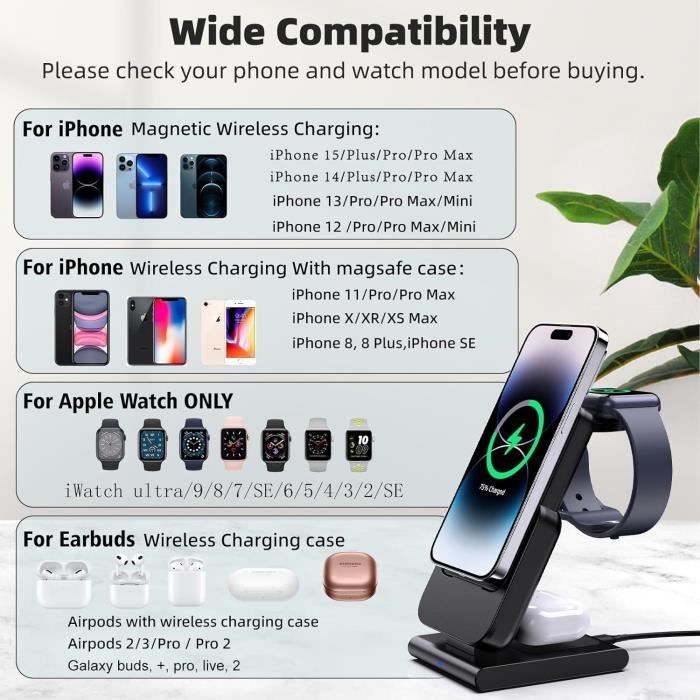 Station De Recharge Magnétique Portable Sans Fil 3 En 1 Pour Iphone 15 ...