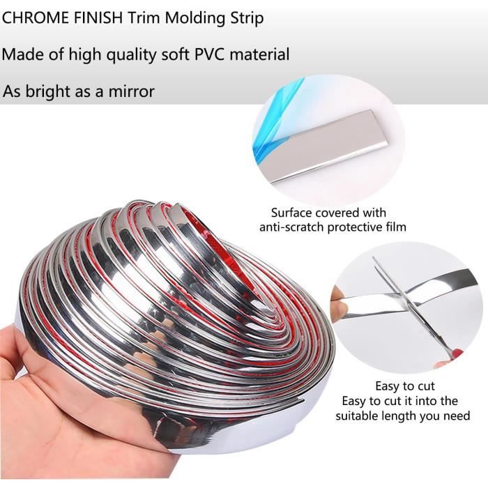 Chrome Bande de Garniture Voiture 8mm*5m Baguette Adhesive Chrome pour Carrosserie Fenêtre ...
