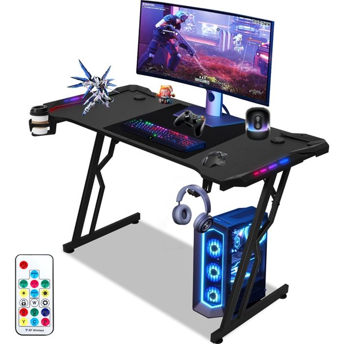 Izrielar Bureau Gamer LED 120x60x75cm, RGB Table de Gaming avec Tapis ...