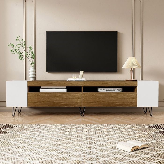 Meuble TV Bas Moderne, 2 Portes + Rangement Ouvert, Design Bloc De ...