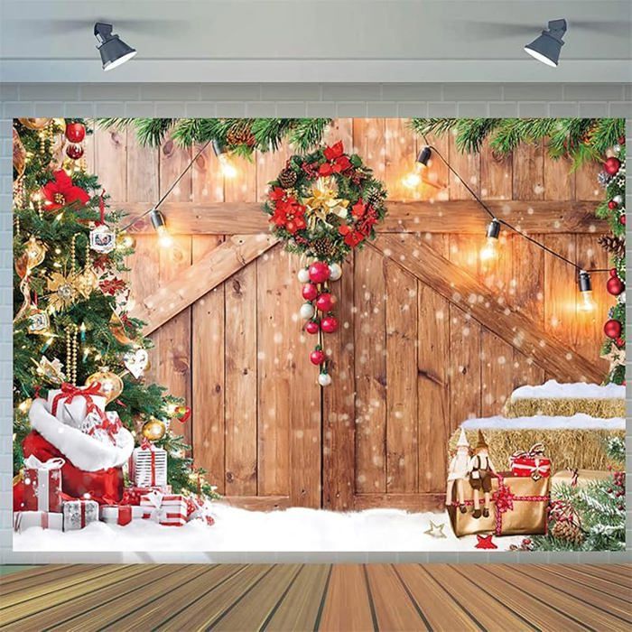3x2,4m Toile de Fond Noël Grange Porte en Bois Arbre de Noël Scène de ...