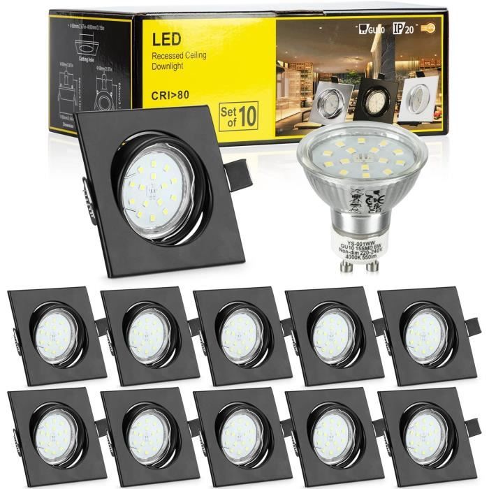 Spot Led Encastrable Noir Carré, 10X 6W Plafonnier Encastré Gu10 ...