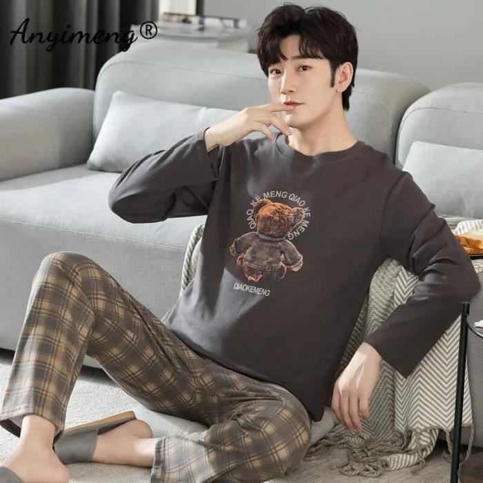 Pyjama à manches longues pour homme,pantalon à carreaux,en coton ...