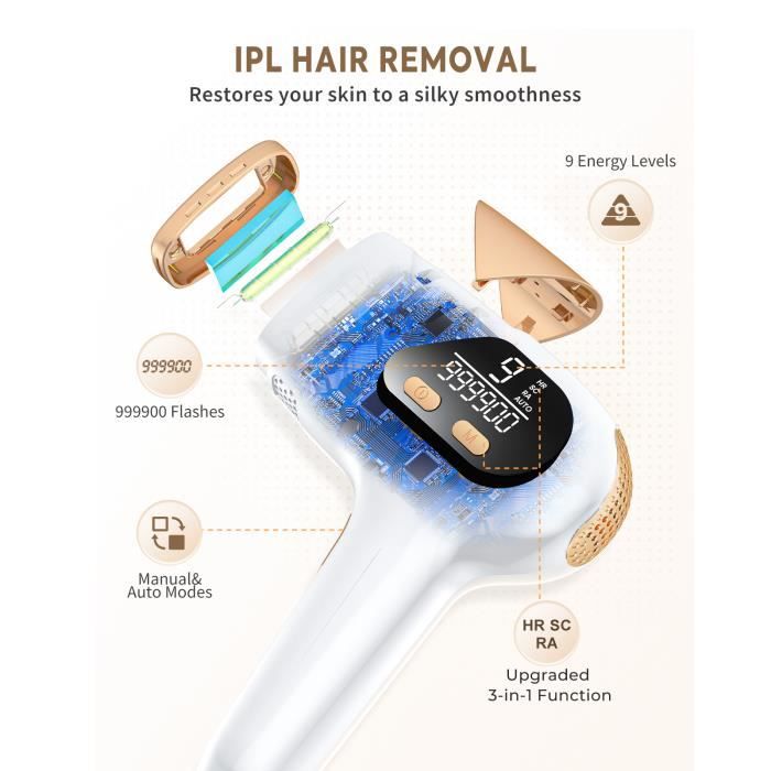 Enhanced IPL Hair Removal Device with 3 Functions 9 Energy Levels 999 900 Flashes Suitable for Face Arms Legs Underarms Full Body
