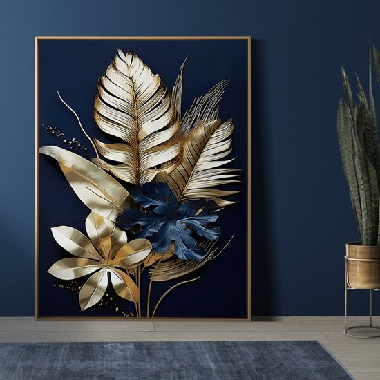 Affiche - 30x40cm - Fleures bleues et dorées - Affiche Poster ...