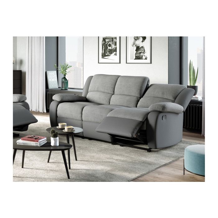 Canapé Relaxation 3 places Microfibre et Simili LEO - Gris - L193 x 93 ...