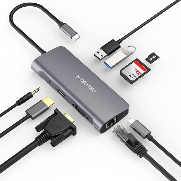 Hub USB C HDMI 4K, 9 sur 1 Type C avec Port Ethernet, USB 3.0, Livraison d'alimentation 100W ...