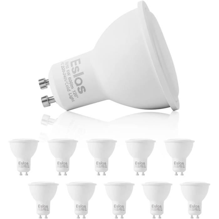 Eslas Ampoules LED GU10 6W, Blanc Froid 6000K, 600lm équivalent à 60W,Faisceau de 120 degrés, AC ...