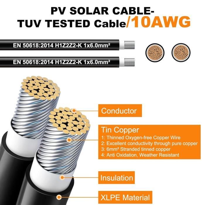 50M Cable Solaire 6Mm2,Cable Panneau Solaire-Résistant Aux Uv,Rallonge ...