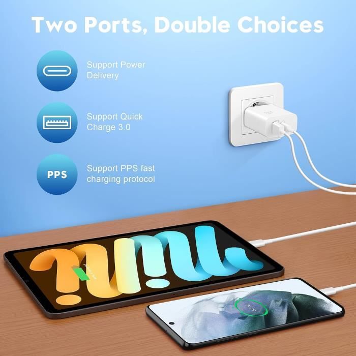 Chargeur Usb C 30W Et Câble Type C 2M, Prise 2 Ports Avec Pd-Qc, Embout ...